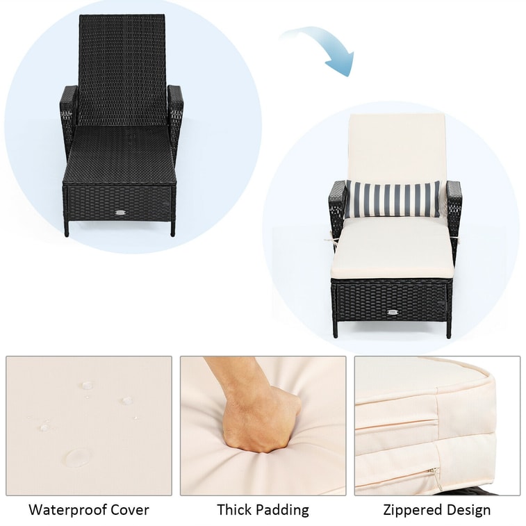 79 Inch PE Rattan Armrest Chaise Lounge Chair With Adjustable Pillow ...