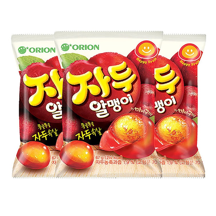 【中國直郵】 韓國 ORION 好麗友 剝皮果汁軟糖 李子味 - 67g/3包 水果味夾心軟糖 網紅爆漿果汁橡皮糖 | 亞米