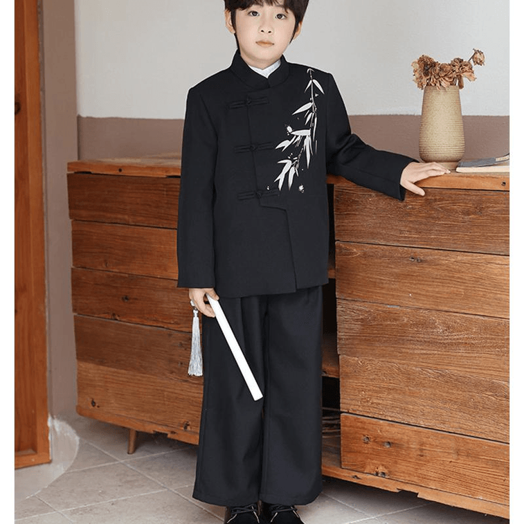 【中国直邮】 ASIS 中式男童印花盘扣中山装唐装礼服-两件套-黑色 130CM 0