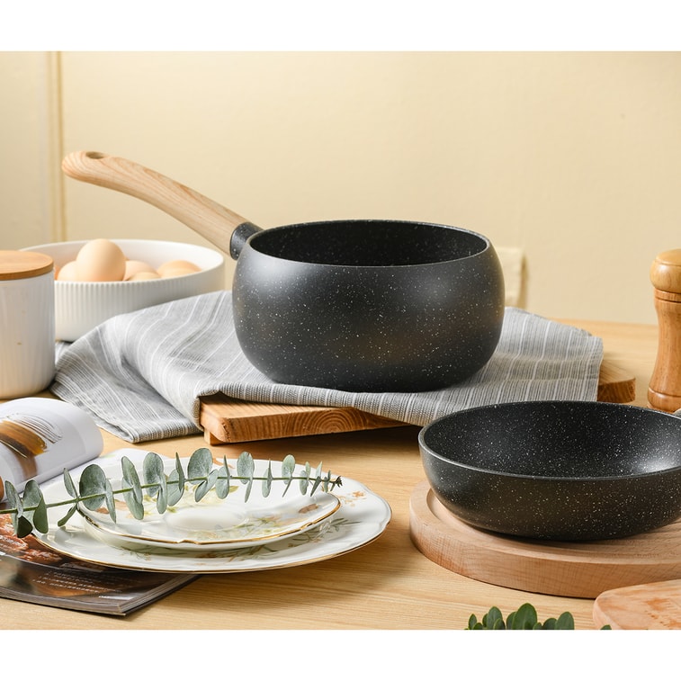 【小红书爆款】AMERCOOK 小球锅不沾3件套 麦饭石锅 大理石色 16cm煮锅+16cm锅盖+16cm煎盘 阿米尔设计师款 炉灶 洗碗机通用 | 亚米