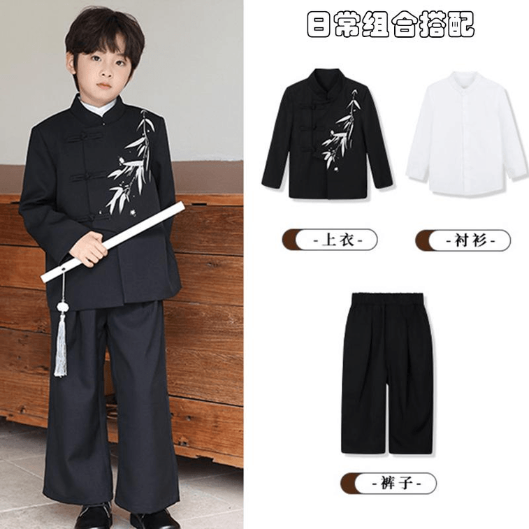 【中国直邮】 ASIS 中式男童印花盘扣中山装唐装礼服-两件套-黑色 130CM 1