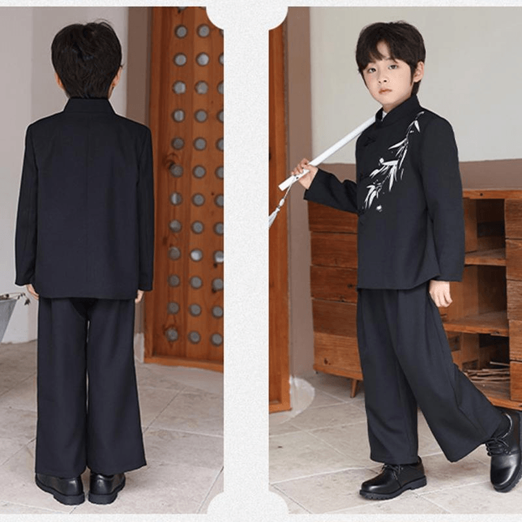 【中国直邮】 ASIS 中式男童印花盘扣中山装唐装礼服-两件套-黑色 130CM 2